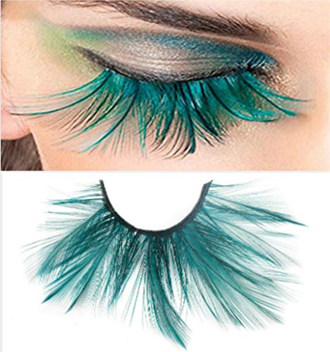 Dorisue Halloween eyelashes Double Lip Black with Green Big Extra Long Feather eyelashes Extra extension Halloween Green Feather Tip False Eyelashes Dance Halloween Costume