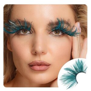 Dorisue Halloween eyelashes Double Lip Black with Green Big Extra Long Feather eyelashes Extra extension Halloween Green Feather Tip False Eyelashes Dance Halloween Costume