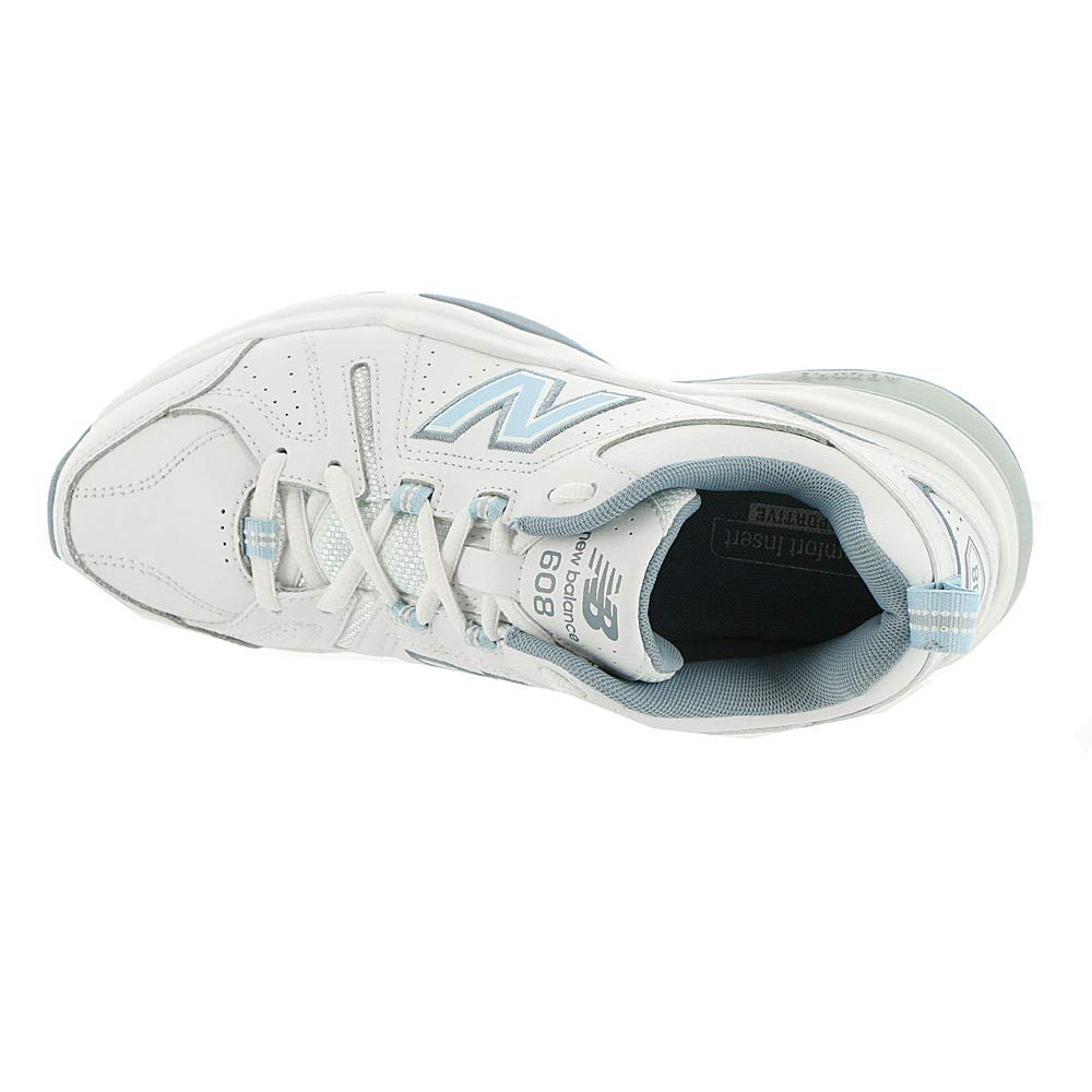 New Balance Women's 608 V5 Casual Comfort Cross Trainer, White/Light Blue, 8 Wide