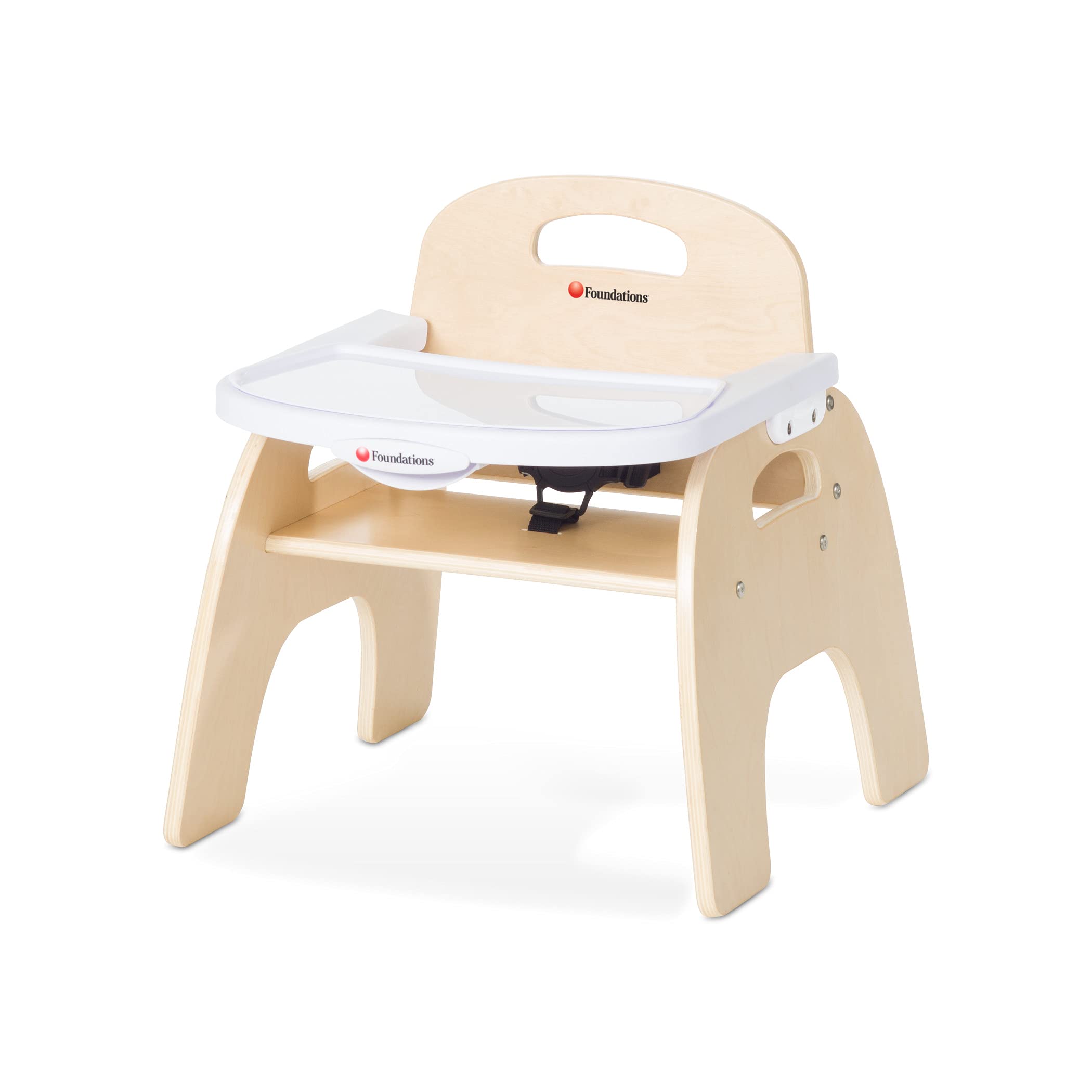 Foundations Easy Serve 9" Low Wood Feeding Chair, 3-Point Adjustable Harness, Removable Dishwasher Safe Tray, “No Tip” Base, Made of Baltic Birch Plywood (Natural)