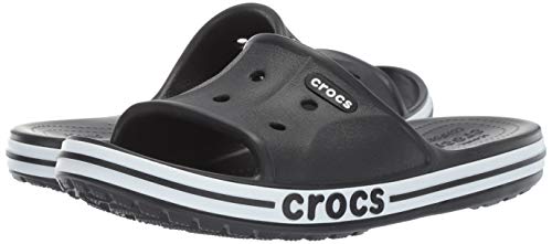 Crocs Men's and Women's Bayaband Slide | Casual Beach Sandal | Shower Shoe, Black/White, 9 US Women / 7 US Men