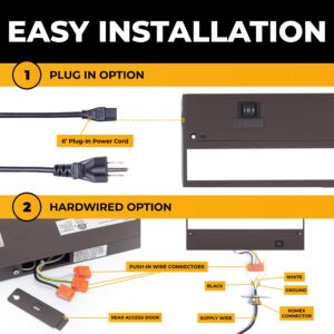 NSL LED Under Cabinet Lighting Dimmable Hardwired or Plugged-in Installation - 3 Color Temperature Slide Switch - Warm White (2700K), Soft White (3000K), Cool White (4000K) - 24Inch Bronze Finish