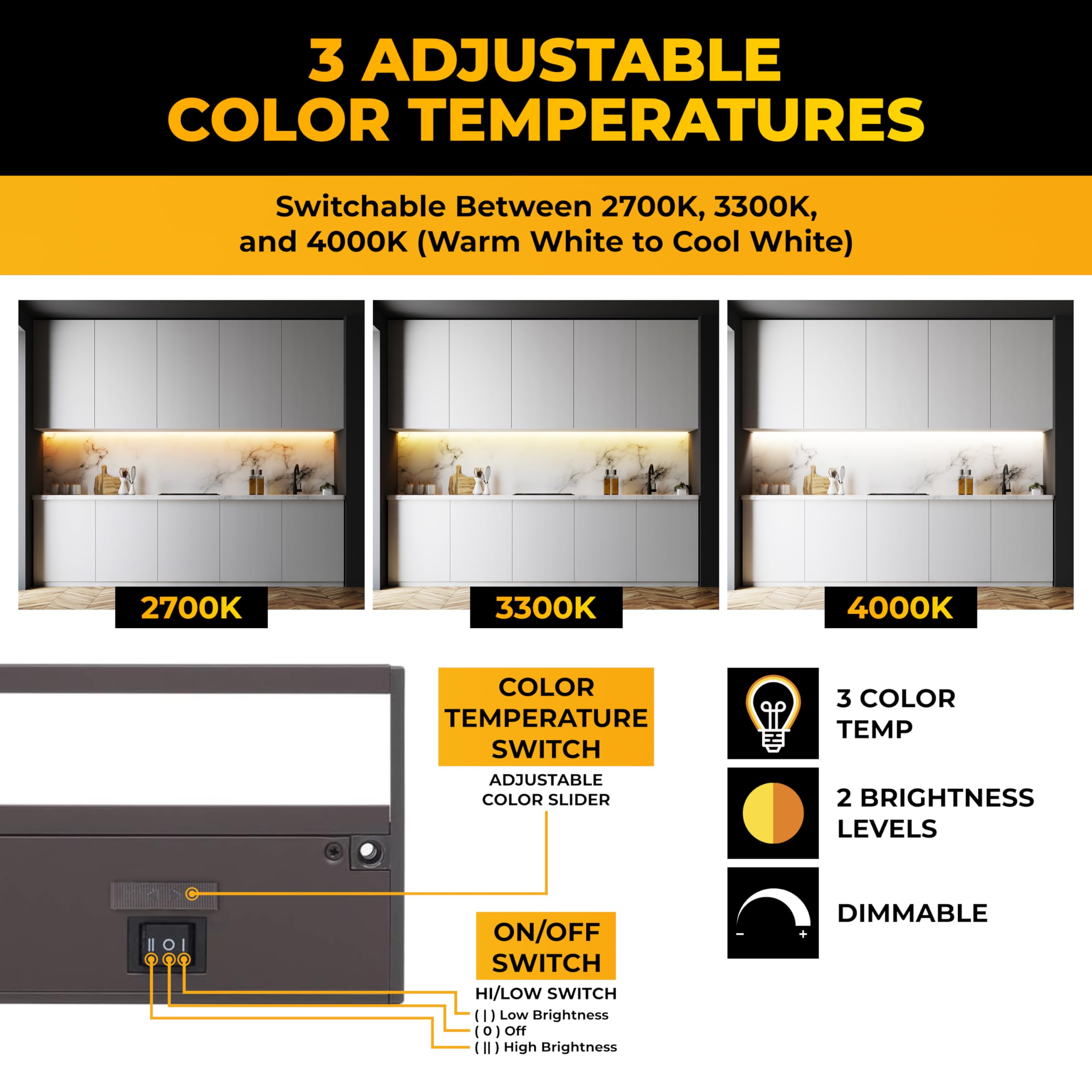 NSL LED Under Cabinet Lighting Dimmable Hardwired or Plugged-in Installation - 3 Color Temperature Slide Switch - Warm White (2700K), Soft White (3000K), Cool White (4000K) - 24Inch Bronze Finish