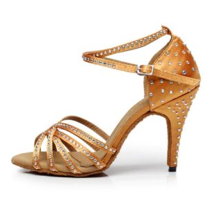 WENDYWU Women Latin Shoes Rhinestone Ballroom 4" High Heel Sandals Dance Shoes (5.5 B(M) US, Gold)