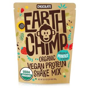 earthchimp organic vegan protein powder - with probiotics - non gmo, dairy free, non whey, plant based protein powder for women and men, gluten free - 26 servings 32 oz (chocolate)