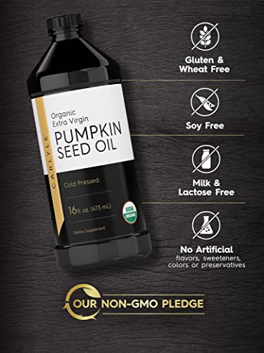 Carlyle Pumpkin Seed Oil 16oz Organic Cold Pressed | Extra Virgin | Vegetarian, Non-GMO, Gluten Free | Safe for Cooking | Great for Hair and Face