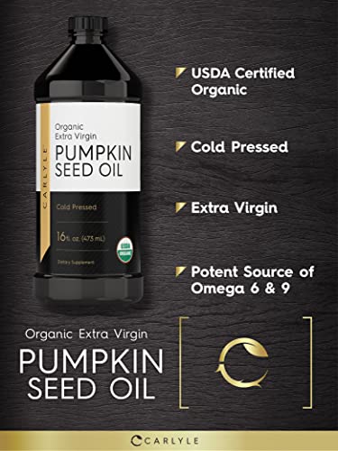 Carlyle Pumpkin Seed Oil 16oz Organic Cold Pressed | Extra Virgin | Vegetarian, Non-GMO, Gluten Free | Safe for Cooking | Great for Hair and Face