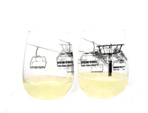 wine glasses by black lantern – handmade printed stemless wine glasses and bar glasses with ski lift design (set of two 17oz. glasses)