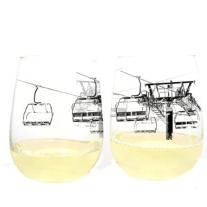 Wine Glasses by Black Lantern – Handmade Printed Stemless Wine Glasses and Bar Glasses with Ski Lift Design (Set of Two 17oz. Glasses)