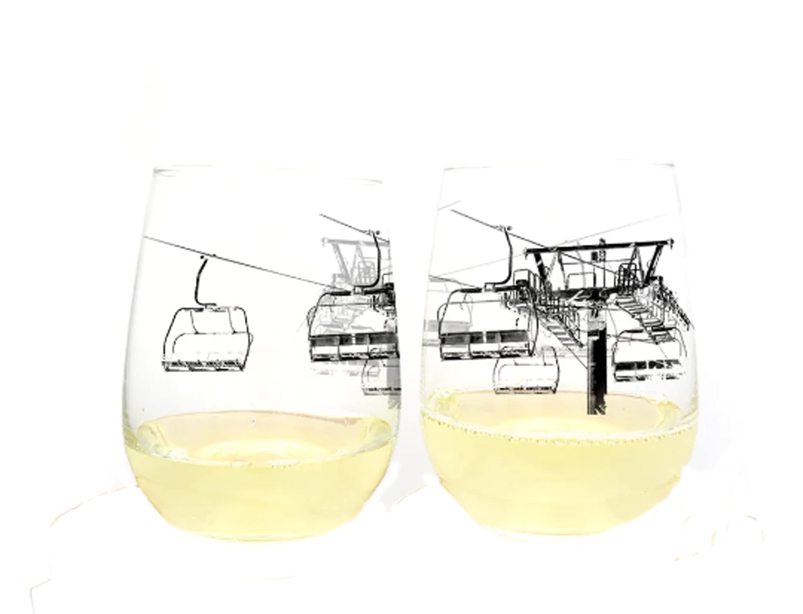 Wine Glasses by Black Lantern – Handmade Printed Stemless Wine Glasses and Bar Glasses with Ski Lift Design (Set of Two 17oz. Glasses)