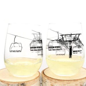 Wine Glasses by Black Lantern – Handmade Printed Stemless Wine Glasses and Bar Glasses with Ski Lift Design (Set of Two 17oz. Glasses)