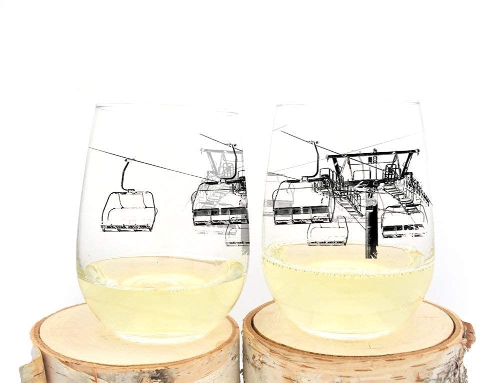 Wine Glasses by Black Lantern – Handmade Printed Stemless Wine Glasses and Bar Glasses with Ski Lift Design (Set of Two 17oz. Glasses)