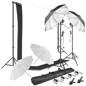 hyj-inc photography umbrella continuous lighting kit,muslin backdrop kit(white black), backdrop clips clamp,10ft photo background photography stand system for photo video studio shooting