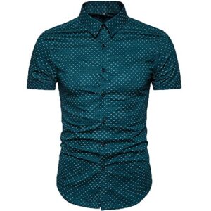 muse fath men's printed dress shirt-cotton casual short sleeve shirt,button-down point collar shirt-green-l