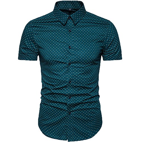 MUSE FATH Men's Printed Dress Shirt-Cotton Casual Short Sleeve Shirt,Button-Down Point Collar Shirt-Green-L