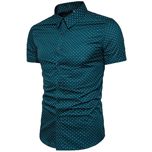 MUSE FATH Men's Printed Dress Shirt-Cotton Casual Short Sleeve Shirt,Button-Down Point Collar Shirt-Green-L