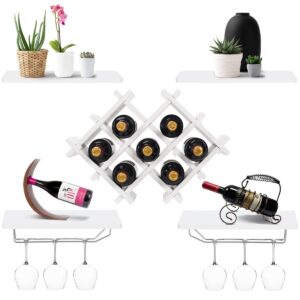 giantex wine rack wall mounted set of 5, wood wall wine shelf racks with glass holder and stemware hanger, hanging wine rack, wine storage display shelf for home bar kitchen, white