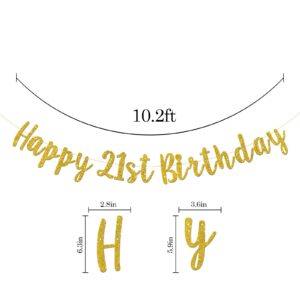 Happy 21st Birthday Banner Gold Glitter for Cheers to 21 Years Banner, 21st Birthday Party Decorations Supplies