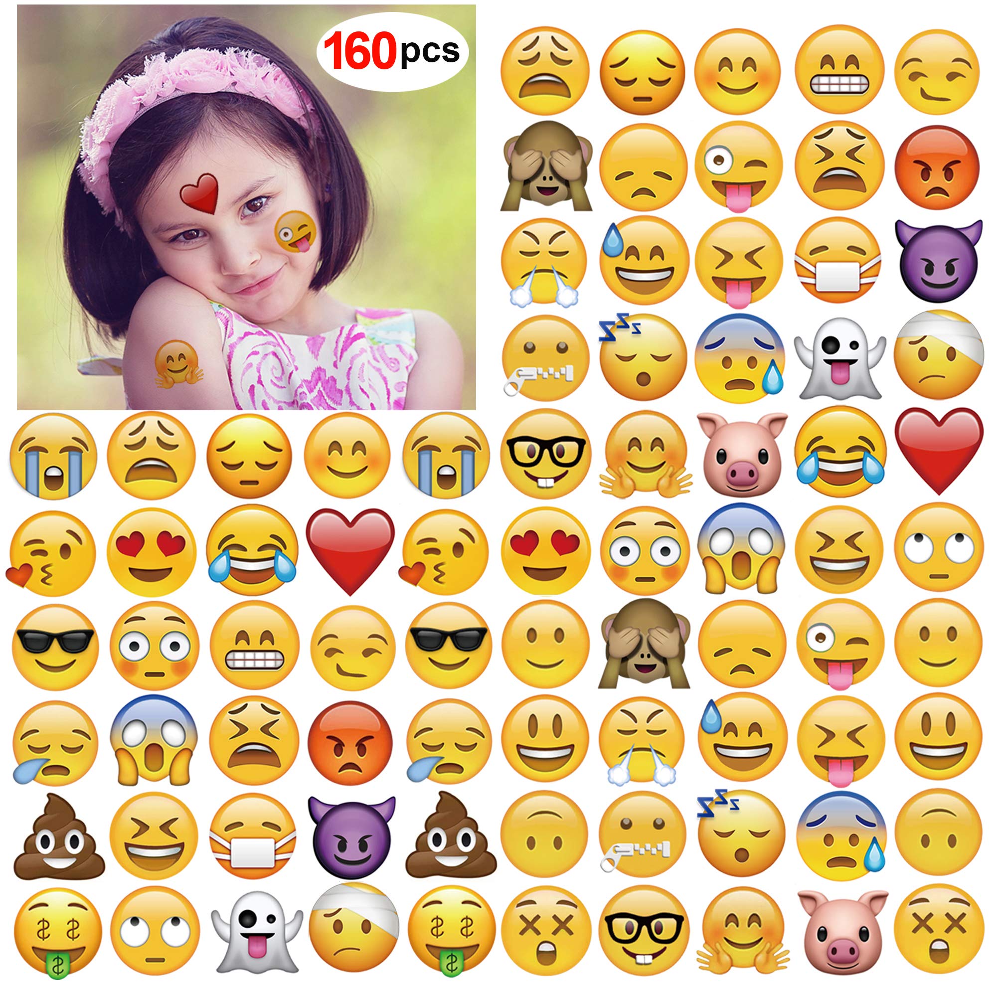 Emoji Temporary Tattoo(160pcs 2inch),Konsait Funny Emoji tattoos Body Stickers for Kids Children Adults for Emoji Party Favors Supplies with Poop Kissing Heart Sunglasses Smirk Relaxed Smile Emoticon