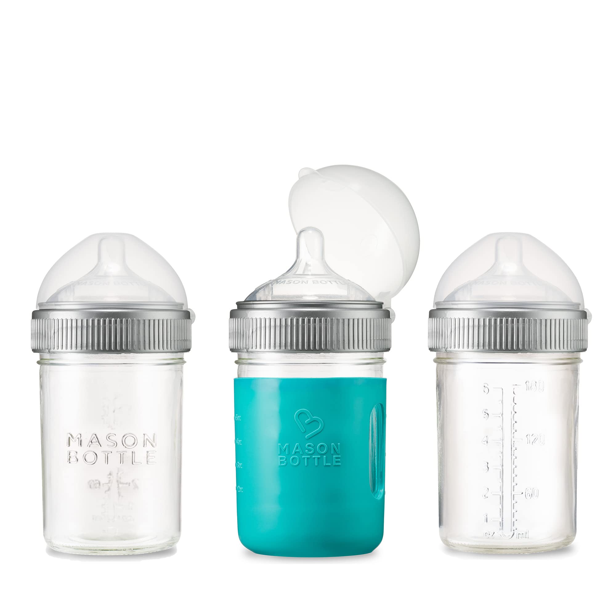 Mason Bottle 8 Ounce Glass Baby Bottles: Wide Neck, Slow-Flow Nipples w/ 1 Silicone Sleeve, Non-Toxic, BPA and BPS Free, 100% Made in The USA (3 Pack)