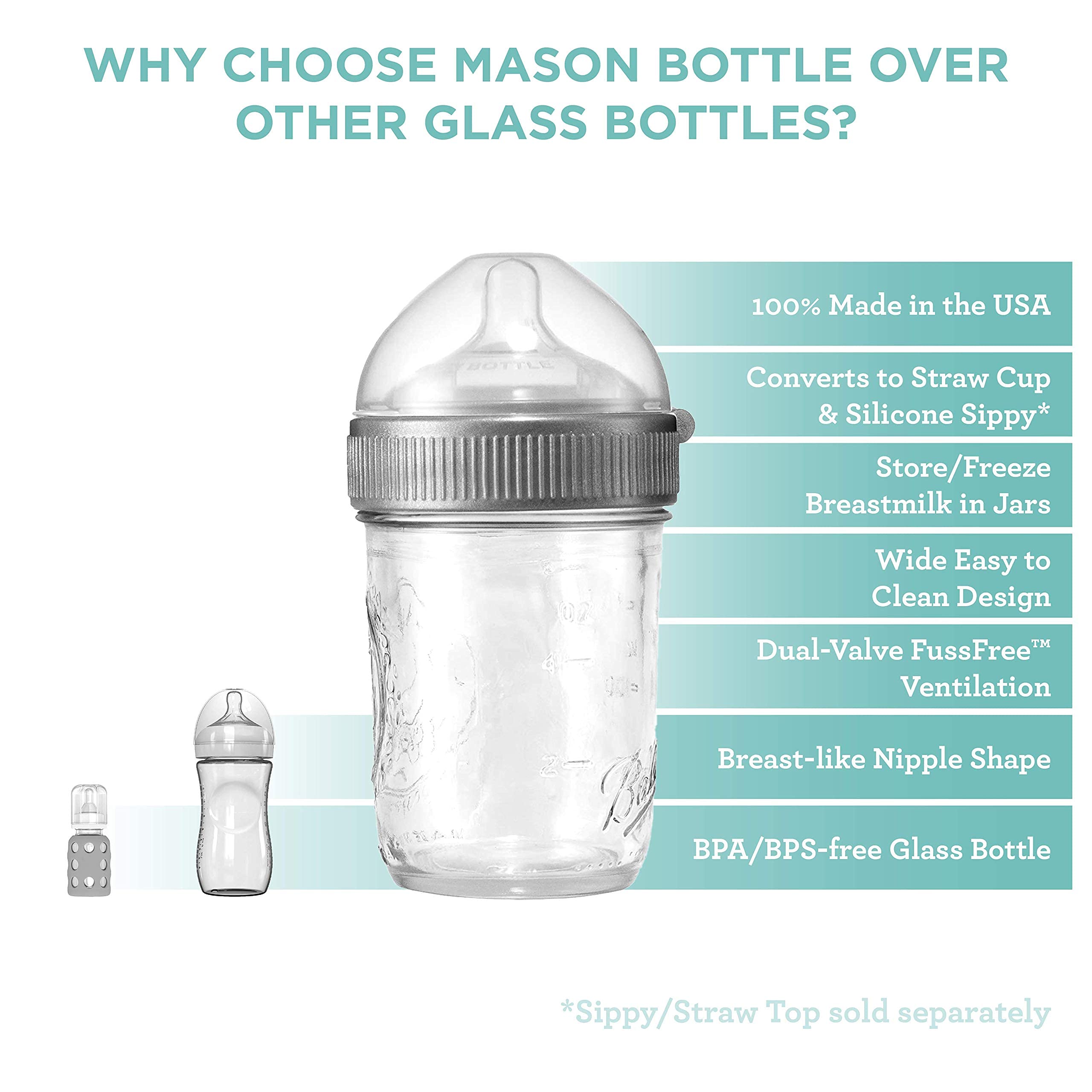 Mason Bottle 8 Ounce Glass Baby Bottles: Wide Neck, Slow-Flow Nipples w/ 1 Silicone Sleeve, Non-Toxic, BPA and BPS Free, 100% Made in The USA (3 Pack)