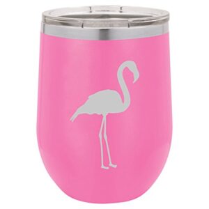 12 oz double wall vacuum insulated stainless steel stemless wine tumbler glass coffee travel mug with lid flamingo (hot-pink)