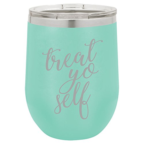 12 oz Double Wall Vacuum Insulated Stainless Steel Stemless Wine Tumbler Glass Coffee Travel Mug With Lid Treat Yo Self (Teal)