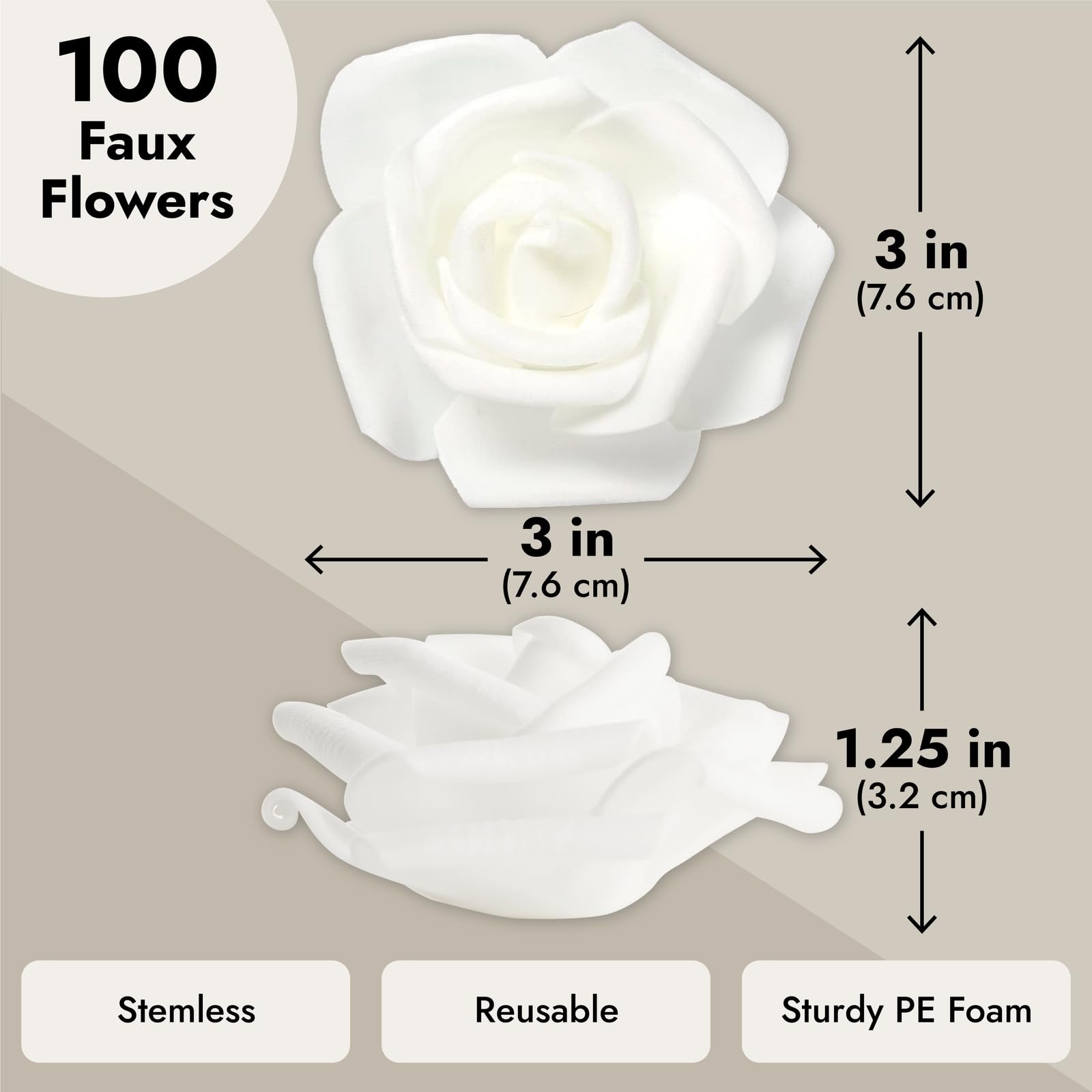 Juvale 100 Pack White Artificial Flowers, Bulk Stemless Fake Foam Roses for Wedding, Decorations, Bouquets (3 in)