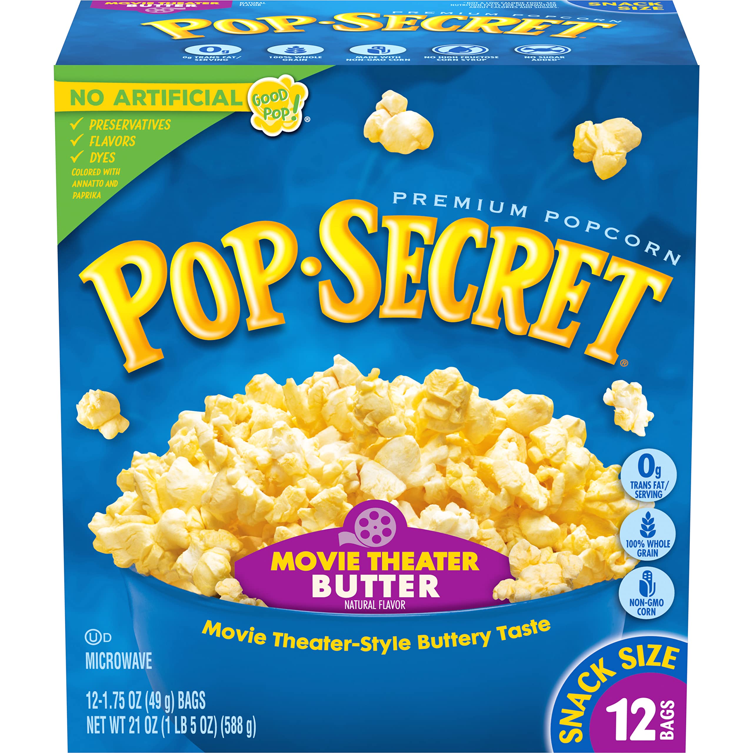 Pop Secret Microwave Popcorn, Movie Theater Butter Flavor, 1.75 Oz Snack Bags, (Pack of 12)