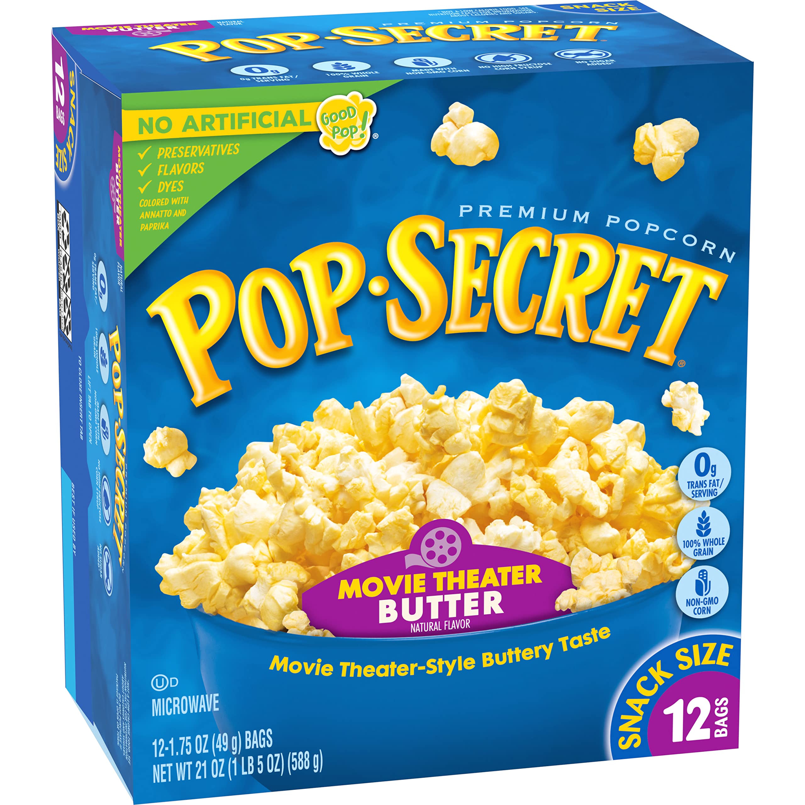 Pop Secret Microwave Popcorn, Movie Theater Butter Flavor, 1.75 Oz Snack Bags, (Pack of 12)