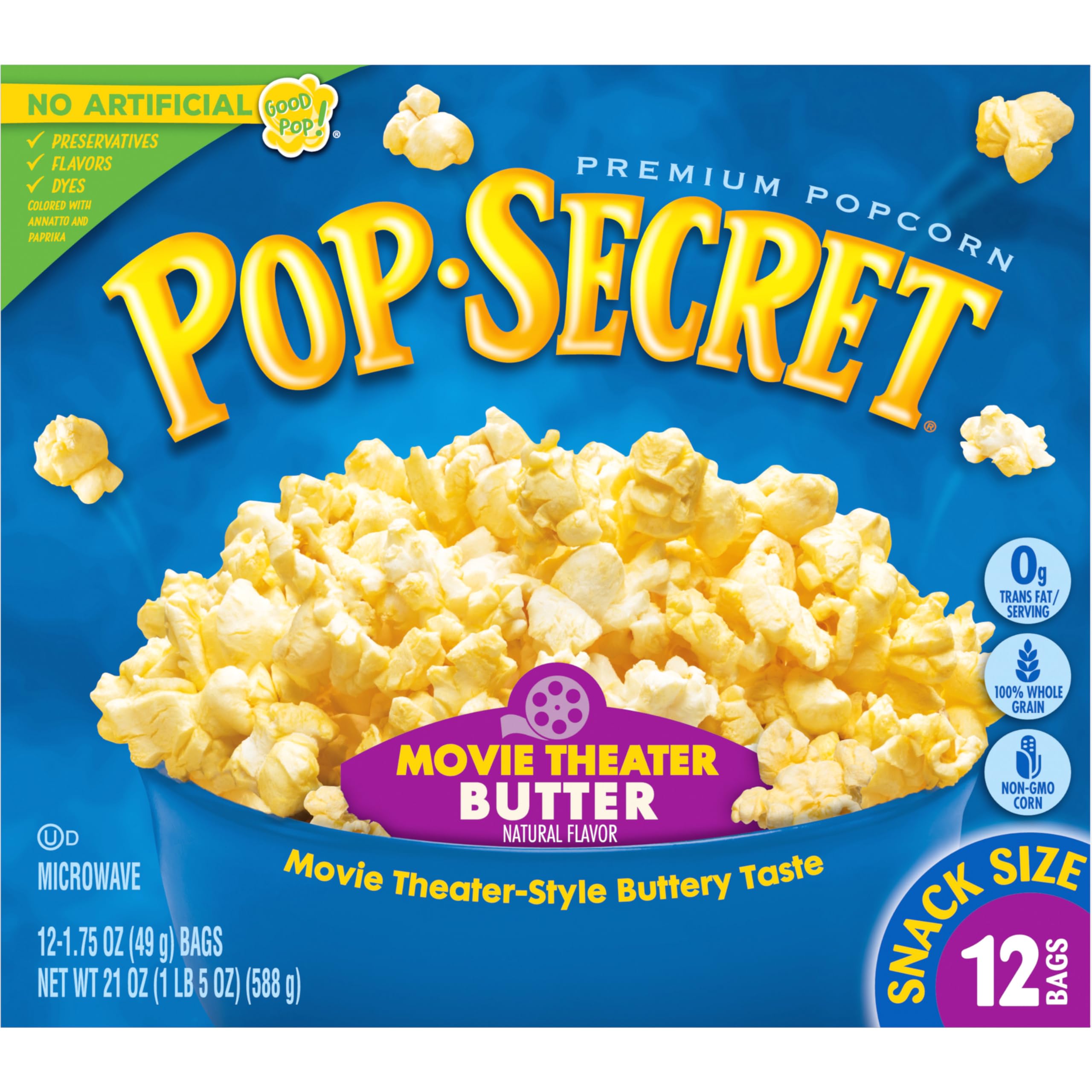 Pop Secret Microwave Popcorn, Movie Theater Butter Flavor, 1.75 Oz Snack Bags, (Pack of 12)