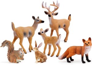 uandme forest animals figures, woodland creatures figurines, miniature toys cake toppers (deer family, fox, rabbit, squirrel)