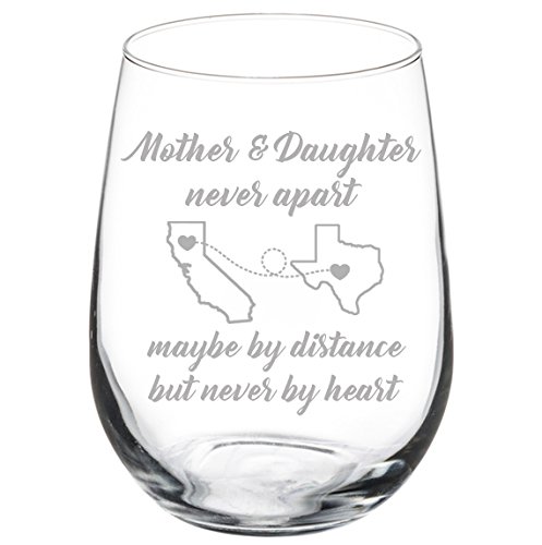 Engraved Mother Wine Glass Mother Daughter White Red Wine Custom Personalized Long Distance Mom Gift (Stemless 17 oz)