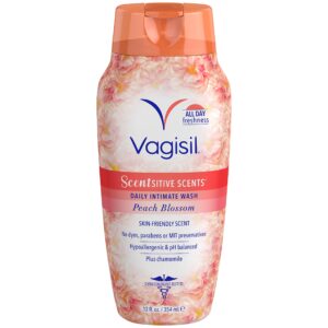 vagisil feminine wash for intimate area hygiene, scentsitive scents, ph balanced and gynecologist tested, peach blossom, 12 oz (pack of 1)