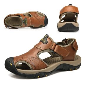 BINSHUN Sandals for Men Leather Hiking Sandals Athletic Walking Sports Fisherman Beach Shoes Closed Toe Water Sandals