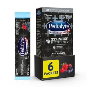 pedialyte advancedcare plus electrolyte powder, with 33% more electrolytes and preactiv prebiotics, berry frost, electrolyte drink powder packets, 0.6 oz, 6 count