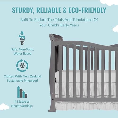 Dream On Me Violet 7-in-1 Convertible Life Style Crib in Steel Grey, Greenguard Gold Certified, 4 Mattress Height Settings, Made of Sustainable New Zealand Pinewood