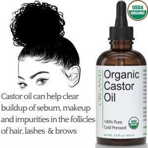 Organys Organic Castor Oil 2oz, For Longer Fuller Thicker Looking Hair Eyelashes & Eyebrows Enhances The Appearance Of Natural Lash & Brow Growth. Serum Comes With Eyeliner & Mascara Brushes