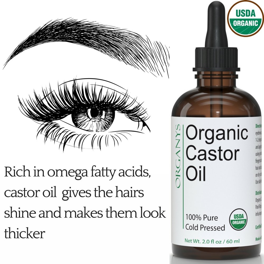 Organys Organic Castor Oil 2oz, For Longer Fuller Thicker Looking Hair Eyelashes & Eyebrows Enhances The Appearance Of Natural Lash & Brow Growth. Serum Comes With Eyeliner & Mascara Brushes