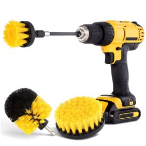 hiware drill brush attachment set, yellow, plastic handle, 3 sized brush heads for cleaning bathtub, shower, floor, carpet, kitchen, bathroom, and more