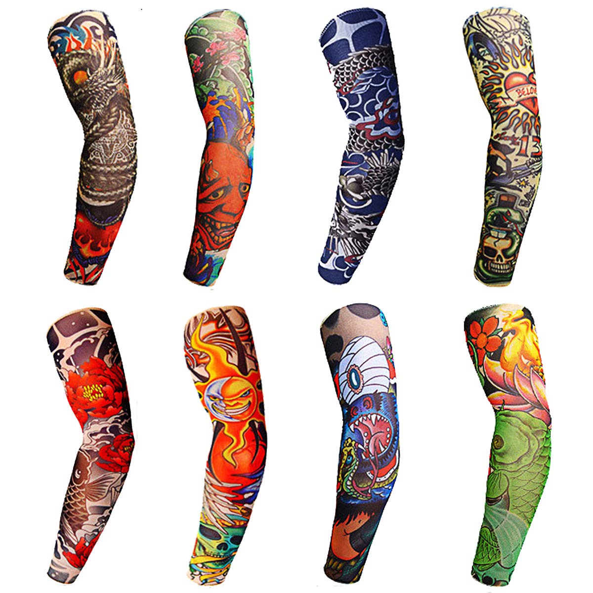 Toirxarn 8PCS Tattoo Sleeves Cool Temporary Sunscreen Arm Sleeves for Men Women Cycling Running Driving Sports-Colored Design