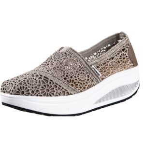 bill&candy women's mesh slip-on platform toning shoes crochet fitness work out sneaker dark grey