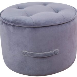 TOV Furniture The Luna Collection Modern Velvet Upholstered Button Tufted Round Ottoman, Grey