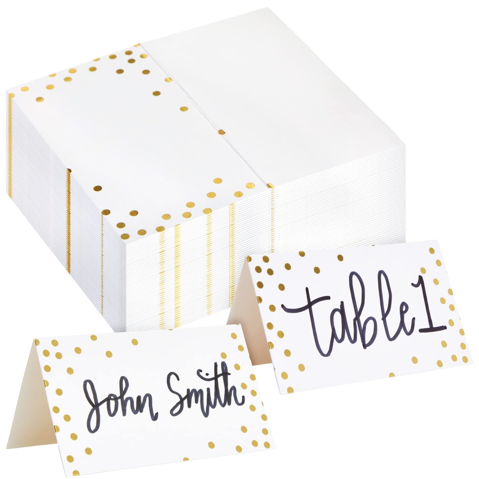 100 Pack Wedding Place Cards for Table Setting, Blank Table Name Cards, Gold Foil Polka Dot Place Cards for Birthday, Banquet, Events, Reserved Seating