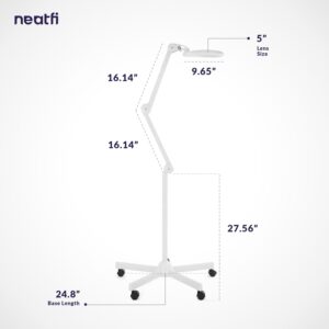 (New Model) Neatfi Bifocals 1,200 Lumens Super LED Magnifying Floor Lamp with 5 Wheels Rolling Base, 5 Diopter with 20 Diopter, Dimmable, Adjustable Arm Magnifier (5 Inches, White)