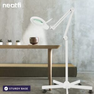 (New Model) Neatfi Bifocals 1,200 Lumens Super LED Magnifying Floor Lamp with 5 Wheels Rolling Base, 5 Diopter with 20 Diopter, Dimmable, Adjustable Arm Magnifier (5 Inches, White)