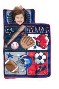 baby boom funhouse mvp sports nap mat set - includes pillow and fleece blanket – great for boys napping during daycare or preschool - fits toddlers, blue