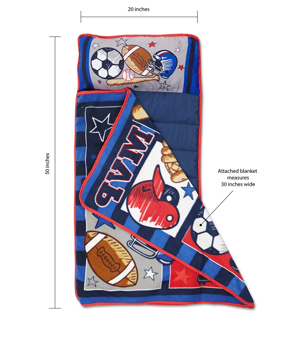 Baby Boom Funhouse MVP Sports Nap Mat Set - Includes Pillow and Fleece Blanket – Great for Boys Napping during Daycare or Preschool - Fits Toddlers, Blue