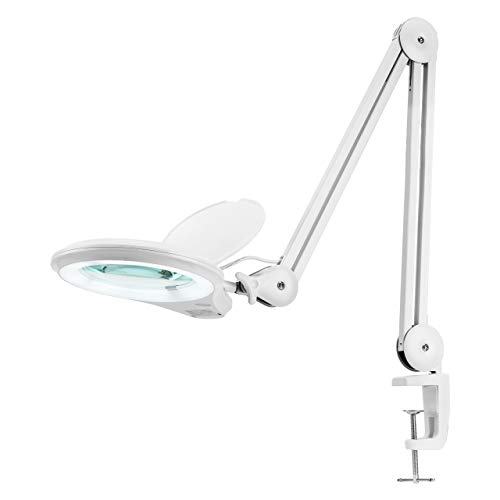 Neatfi (New Model Bifocals 1,200 Lumens Super LED Magnifying Lamp with Clamp, 5D + 20D, Dimmable, 60 Pcs SMD LED, 5 Inches Diameter Lens, Adjustable Arm (5 Diopter + 20 Diopter, White)