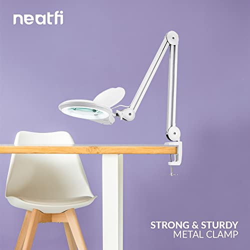 Neatfi (New Model Bifocals 1,200 Lumens Super LED Magnifying Lamp with Clamp, 5D + 20D, Dimmable, 60 Pcs SMD LED, 5 Inches Diameter Lens, Adjustable Arm (5 Diopter + 20 Diopter, White)